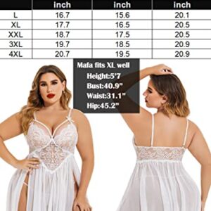 Avidlove Sexy Plus Size Lingerie for Women Lace Babydoll Chemise V Neck Sleepwear Mesh Nightwear Side Slit Nightie White