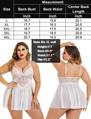 Avidlove Sexy Plus Size Lingerie for Women Lace Babydoll Chemise V Neck Sleepwear Mesh Nightwear Side Slit Nightie White