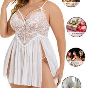 Avidlove Sexy Plus Size Lingerie for Women Lace Babydoll Chemise V Neck Sleepwear Mesh Nightwear Side Slit Nightie White