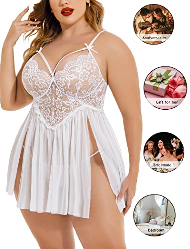 Avidlove Sexy Plus Size Lingerie for Women Lace Babydoll Chemise V Neck Sleepwear Mesh Nightwear Side Slit Nightie White