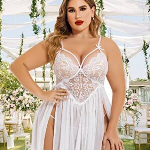 Avidlove Sexy Plus Size Lingerie for Women Lace Babydoll Chemise V Neck Sleepwear Mesh Nightwear Side Slit Nightie White