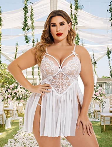 Avidlove Sexy Plus Size Lingerie for Women Lace Babydoll Chemise V Neck Sleepwear Mesh Nightwear Side Slit Nightie White