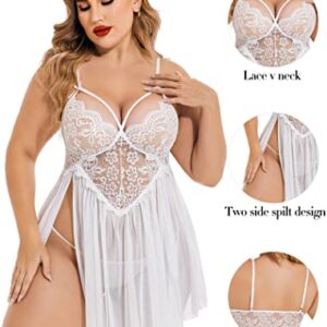 Avidlove Sexy Plus Size Lingerie for Women Lace Babydoll Chemise V Neck Sleepwear Mesh Nightwear Side Slit Nightie White