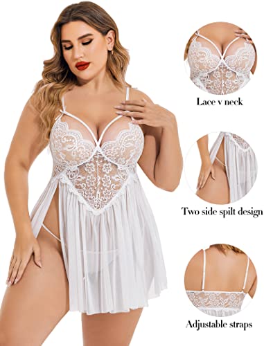 Avidlove Sexy Plus Size Lingerie for Women Lace Babydoll Chemise V Neck Sleepwear Mesh Nightwear Side Slit Nightie White