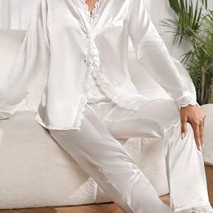 MakeMeChic Women's Satin PJ Set Silk Lace Trim Button Down Shirt and Pants Pajama Set White S