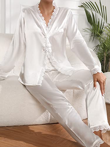 MakeMeChic Women's Satin PJ Set Silk Lace Trim Button Down Shirt and Pants Pajama Set White S