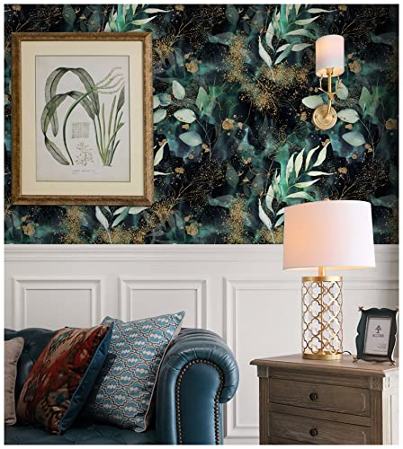 HAOKHOME 93208 Boho Peel and Stick Wallpaper Leaves Branch Removable Black/Green/Matte Gold Vinyl Self Adhesive Mural for Bedroom 17.7in x 9.8ft