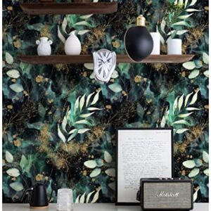 HAOKHOME 93208 Boho Peel and Stick Wallpaper Leaves Branch Removable Black/Green/Matte Gold Vinyl Self Adhesive Mural for Bedroom 17.7in x 9.8ft