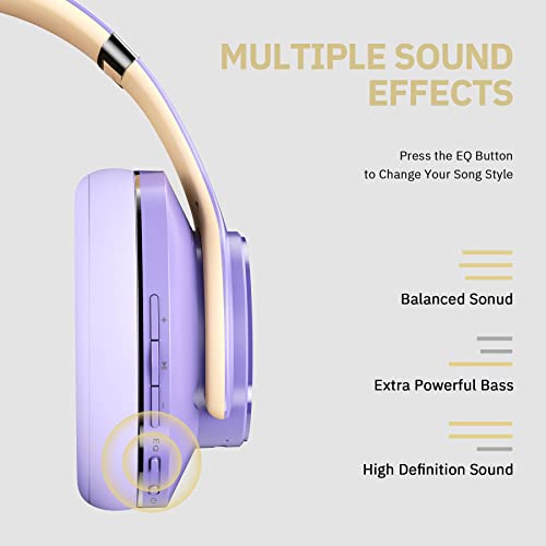 DOQAUS Bluetooth Headphones Over Ear, 52 Hours Playtime Wireless Headphones with 3 EQ Modes, Noise Isolating HiFi Stereo Headphones with Deep Bass, Microphone, Soft Earpads for Cellphone/PC (Purple)