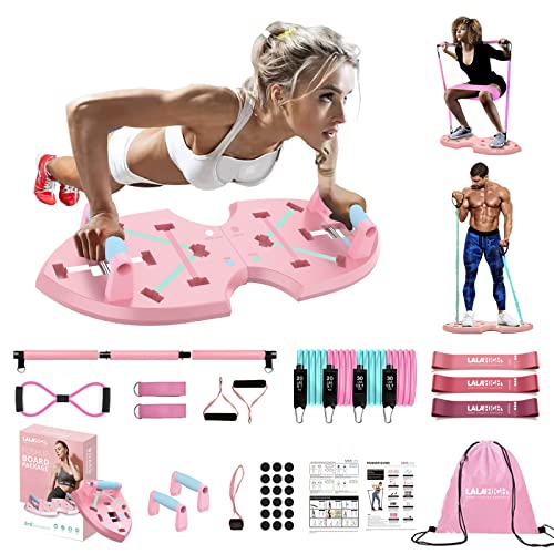 LALAHIGH Push Up Board, Portable Home Workout Equipment for Women & Men, 30 in 1 Home Gym System with Pilates Bar, Resistance Band, Booty Bands, Pushup Stands for Body Shaping - Pink Series