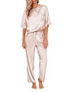 ekouaer women silk satin pajamas sets round neck soft pjs set summer nightwear short sleeve sleepwear champagne