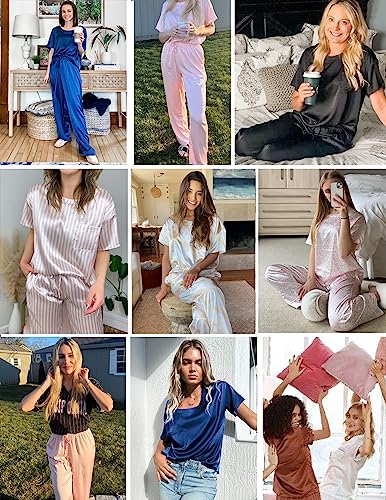 Ekouaer Women Silk Satin Pajamas Sets Round Neck Soft Pjs Set Summer Nightwear Short Sleeve Sleepwear Champagne