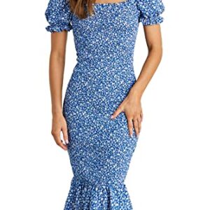 PRETTYGARDEN Women's Summer Floral Midi Bodycon Dresses Short Puff Sleeve Square Neck Ruffle Hem Mermaid Cocktail Dress (Blue,Medium)