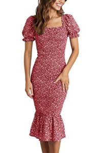 prettygarden women's summer floral midi bodycon dresses short puff sleeve square neck ruffle hem mermaid cocktail dress (red,large)