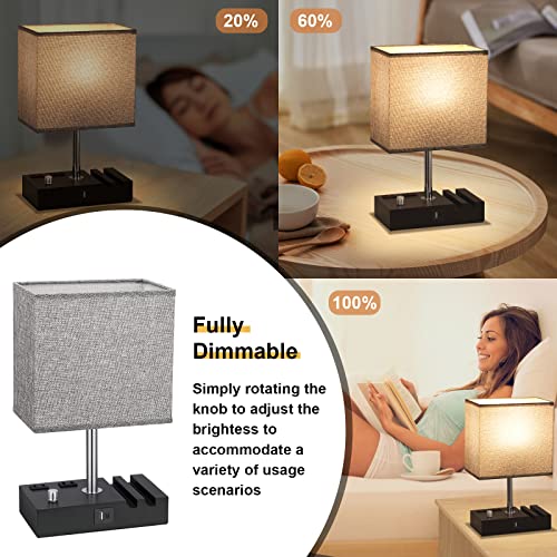 Kakanuo Fully Dimmable Nightstand Lamp for Bedroom with USB C Ports, Grey Small Bedside Table Lamp with Charging Outlets and Phone Stands, Wooden Desk Lamp for Living Room, LED Bulb Included