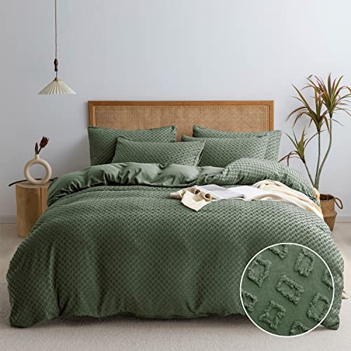 JELLYMONI Green Duvet Cover Queen Size - Soft Microfiber Queen Duvet Cover Set with Zipper Closure & Corner Ties, 3 Pieces Rectangle Embroidery Tufted Bedding Set for All Seasons (No Comforter)