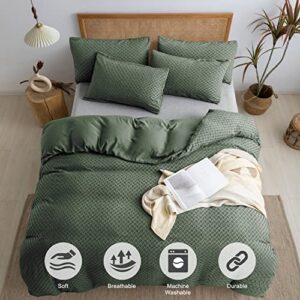 JELLYMONI Green Duvet Cover Queen Size - Soft Microfiber Queen Duvet Cover Set with Zipper Closure & Corner Ties, 3 Pieces Rectangle Embroidery Tufted Bedding Set for All Seasons (No Comforter)