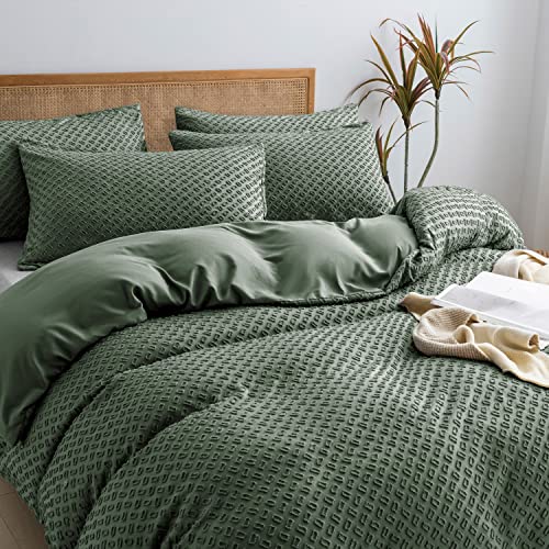 JELLYMONI Green Duvet Cover Queen Size - Soft Microfiber Queen Duvet Cover Set with Zipper Closure & Corner Ties, 3 Pieces Rectangle Embroidery Tufted Bedding Set for All Seasons (No Comforter)