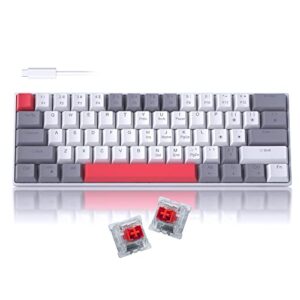 60% mechanical gaming keyboard, grey&white gaming keyboard with hot swappable linear red switches, wired detachable type-c cable mini keyboard with powder blue backlight for windows/mac/pc/laptop