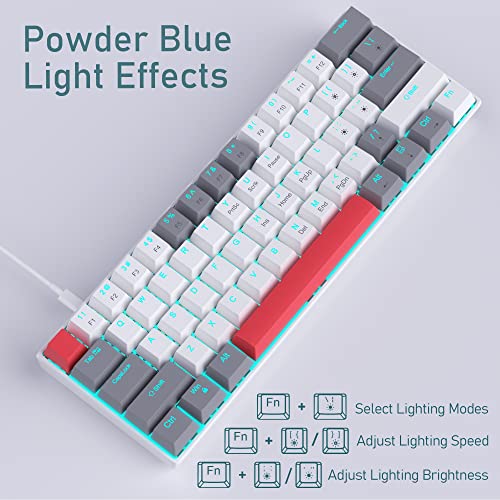 60% Mechanical Gaming Keyboard, Grey&White Gaming Keyboard with Hot Swappable Linear Red Switches, Wired Detachable Type-C Cable Mini Keyboard with Powder Blue Backlight for Windows/Mac/PC/Laptop