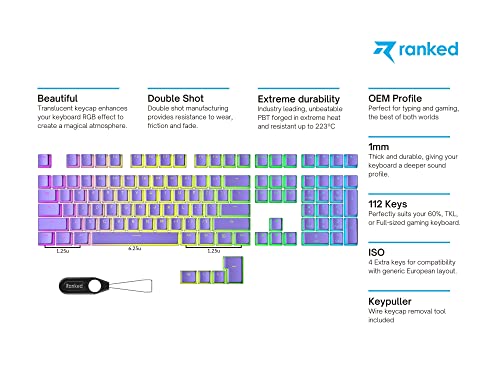 Ranked Pudding PBT Keycaps | 112 Double Shot Translucent ANSI US & ISO Layout | OEM Profile for RGB Mechanical Gaming Keyboard (Lavender)