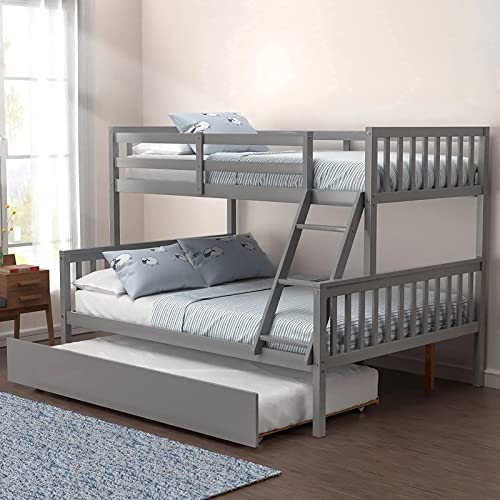 Tatub Twin Over Full Bunk Bed with Trundle, Solid Pine Wood Frame and Ladder with Guard Rails for Kids, Teens, Boys and Girls, No Box Spring Needed, Bunk Bed Grey