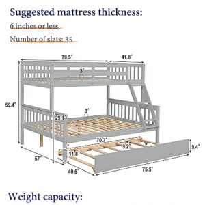 Tatub Twin Over Full Bunk Bed with Trundle, Solid Pine Wood Frame and Ladder with Guard Rails for Kids, Teens, Boys and Girls, No Box Spring Needed, Bunk Bed Grey