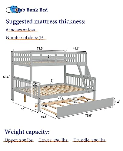 Tatub Twin Over Full Bunk Bed with Trundle, Solid Pine Wood Frame and Ladder with Guard Rails for Kids, Teens, Boys and Girls, No Box Spring Needed, Bunk Bed Grey