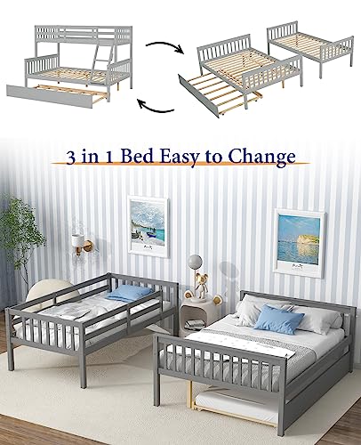 Tatub Twin Over Full Bunk Bed with Trundle, Solid Pine Wood Frame and Ladder with Guard Rails for Kids, Teens, Boys and Girls, No Box Spring Needed, Bunk Bed Grey