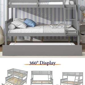 Tatub Twin Over Full Bunk Bed with Trundle, Solid Pine Wood Frame and Ladder with Guard Rails for Kids, Teens, Boys and Girls, No Box Spring Needed, Bunk Bed Grey