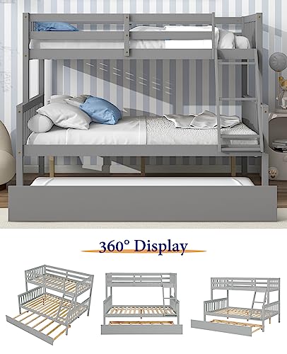 Tatub Twin Over Full Bunk Bed with Trundle, Solid Pine Wood Frame and Ladder with Guard Rails for Kids, Teens, Boys and Girls, No Box Spring Needed, Bunk Bed Grey