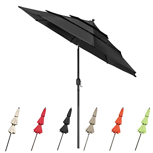 Yescom UV70+ 3-Tiers 11ft Solar Powered LED Patio Umbrella with Crank Tilt for Garden Yard Pool Market Deck Table Black