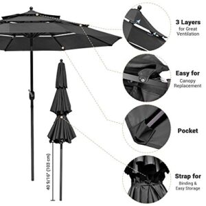 Yescom UV70+ 3-Tiers 11ft Solar Powered LED Patio Umbrella with Crank Tilt for Garden Yard Pool Market Deck Table Black