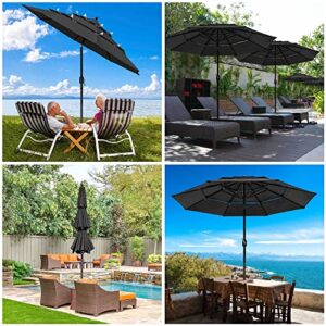 Yescom UV70+ 3-Tiers 11ft Solar Powered LED Patio Umbrella with Crank Tilt for Garden Yard Pool Market Deck Table Black