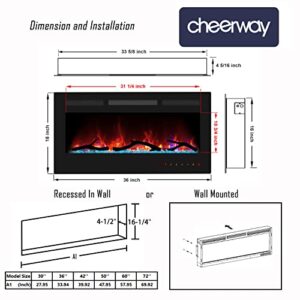 Cheerway 36 Inch Electric Fireplace, Recessed Fireplace Insert and Wall Mount Fireplace Heater with Remote & Touch Control, Adjustable Flame Color & Brightness, Log Set & Crystals, Child Lock & Timer