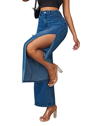 SCOMCHIC Womens Casual High Waist Ripped Side Slit Jeans Butt Lift Distressed Stretchy Wide Leg Denim Jeans Blue L