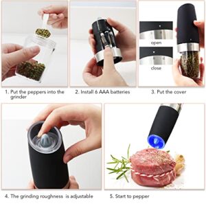 Gravity Electric Salt and Pepper Grinder Set, Automatic Pepper and Salt Mills, One Hand Operation, Adjustable Coarseness, Battery Powered with LED Light, Utility Brush, Stainless Steel 2 Pack, Gifts