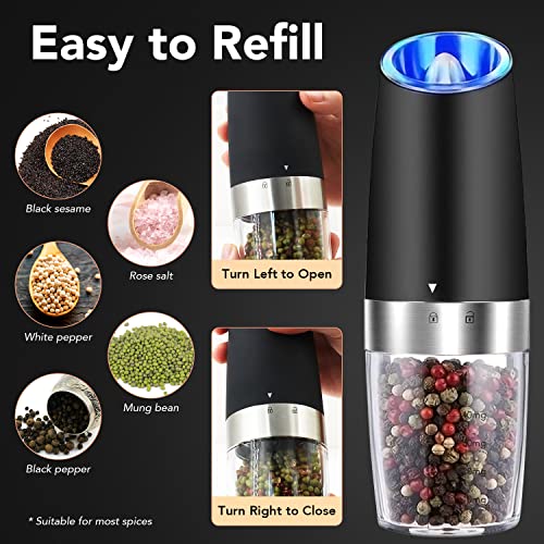 Gravity Electric Salt and Pepper Grinder Set, Automatic Pepper and Salt Mills, One Hand Operation, Adjustable Coarseness, Battery Powered with LED Light, Utility Brush, Stainless Steel 2 Pack, Gifts