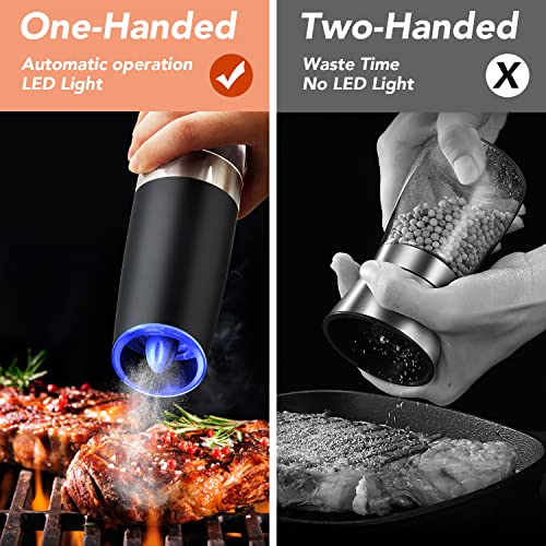 Gravity Electric Salt and Pepper Grinder Set, Automatic Pepper and Salt Mills, One Hand Operation, Adjustable Coarseness, Battery Powered with LED Light, Utility Brush, Stainless Steel 2 Pack, Gifts