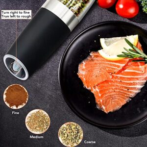 Gravity Electric Salt and Pepper Grinder Set, Automatic Pepper and Salt Mills, One Hand Operation, Adjustable Coarseness, Battery Powered with LED Light, Utility Brush, Stainless Steel 2 Pack, Gifts