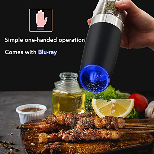 Gravity Electric Salt and Pepper Grinder Set, Automatic Pepper and Salt Mills, One Hand Operation, Adjustable Coarseness, Battery Powered with LED Light, Utility Brush, Stainless Steel 2 Pack, Gifts