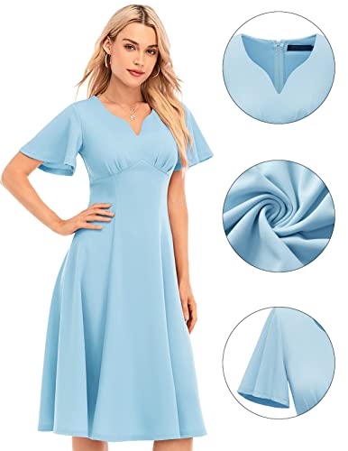 Church Dress Fit and Flare Modest Tea Party Dresses for Women, Tea Length Prom Graduation Homecoming Dress for Junior Teen, Semi Formal Wedding Guest Dress, Aline Cocktail Party Dress Blue L