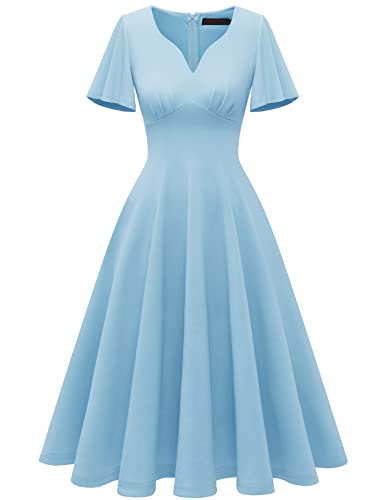 Church Dress Fit and Flare Modest Tea Party Dresses for Women, Tea Length Prom Graduation Homecoming Dress for Junior Teen, Semi Formal Wedding Guest Dress, Aline Cocktail Party Dress Blue L