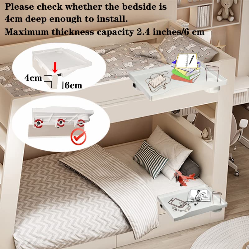 Bedside Shelf, Bunk Bed Shelf Organizer for Top Bunk Dorm Clip On Nightstand with Cup Holder Hooks Hanging Cup Plastic Bedside Shelf Tray for Kids for Bed College Dorm Room Essentials