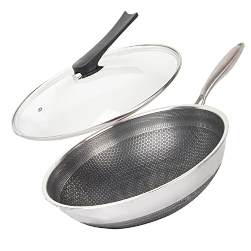 CATHYLIN Wok Pan Stainless Steel Stir-fry Wok with Lid 12.5" Non Stick Skillet with Stay-cool Handle PFOA Free Suitable for Induction, Ceramic, Electric, and Gas Cooktops