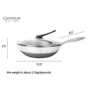 CATHYLIN Wok Pan Stainless Steel Stir-fry Wok with Lid 12.5" Non Stick Skillet with Stay-cool Handle PFOA Free Suitable for Induction, Ceramic, Electric, and Gas Cooktops