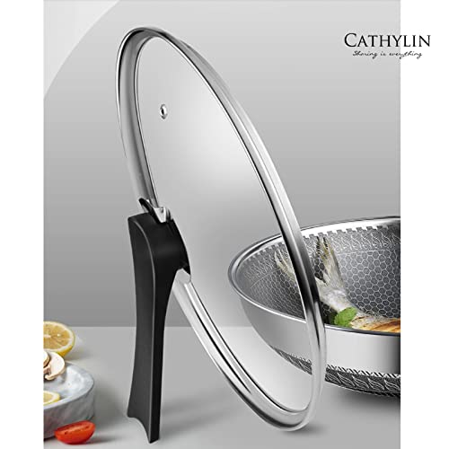 CATHYLIN Wok Pan Stainless Steel Stir-fry Wok with Lid 12.5" Non Stick Skillet with Stay-cool Handle PFOA Free Suitable for Induction, Ceramic, Electric, and Gas Cooktops