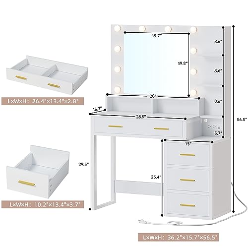 Tiptiper Makeup Vanity with Lights, Vanity Desk with Charging Station, White Vanity Table with 10 Light Bulbs Mirror & 3 Lighting Modes, Makeup Desk with Drawers, Nightstand and Storage Shelves