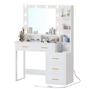 Tiptiper Makeup Vanity with Lights, Vanity Desk with Charging Station, White Vanity Table with 10 Light Bulbs Mirror & 3 Lighting Modes, Makeup Desk with Drawers, Nightstand and Storage Shelves