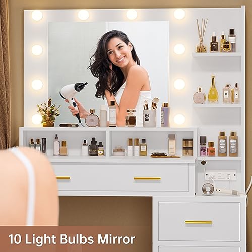 Tiptiper Makeup Vanity with Lights, Vanity Desk with Charging Station, White Vanity Table with 10 Light Bulbs Mirror & 3 Lighting Modes, Makeup Desk with Drawers, Nightstand and Storage Shelves